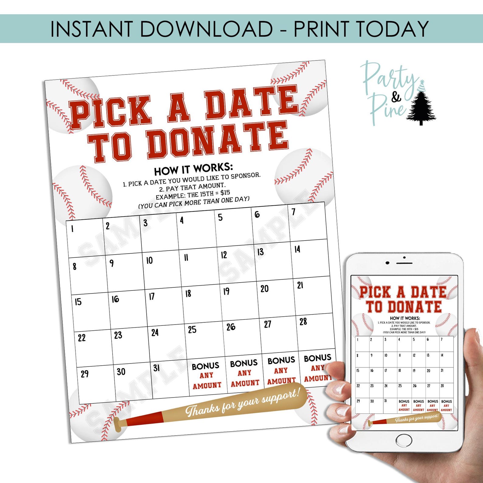 Baseball Pick a Date to Donate, INSTANT DOWNLOAD, Calendar Fundraiser ...