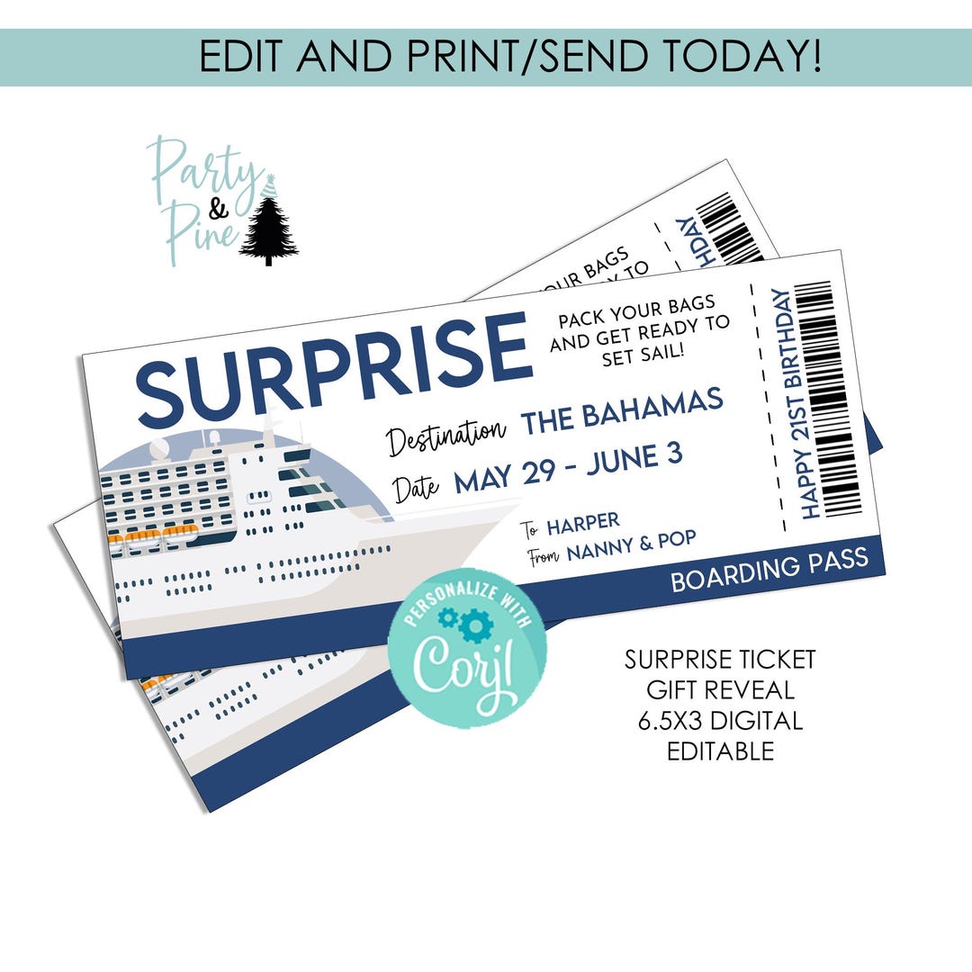 Editable Cruise Ticket Surprise Gift Reveal Template Digital 6.5x3 ...