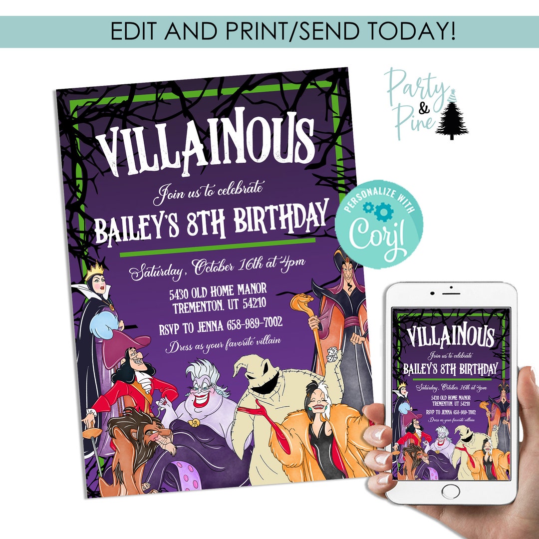 Editable Villains Birthday Halloween Invitation Invite Disneyland ...