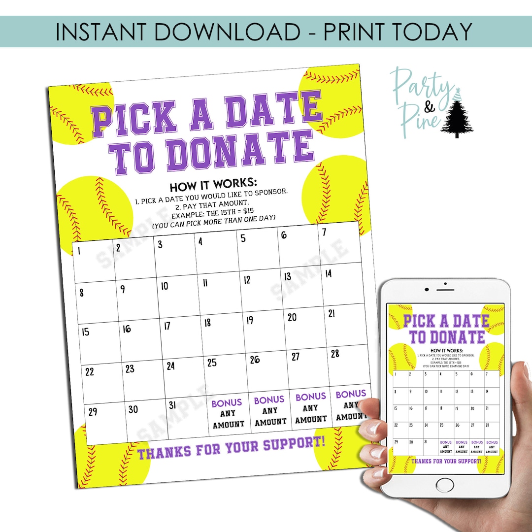 Softball Pick a Date to Donate Fundraiser Flyer Sports Team Purple ...