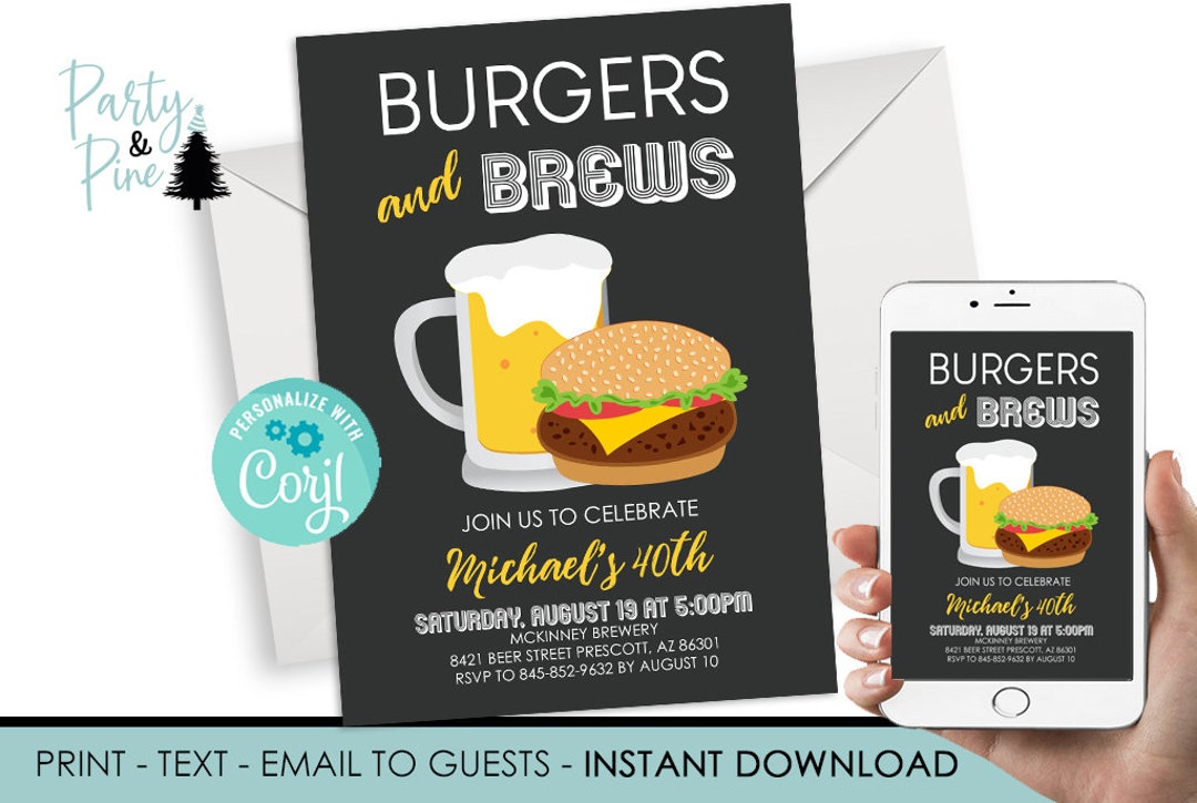 Editable Burger Beer Birthday Invitation Invite Mens Adult Chalkboard ...