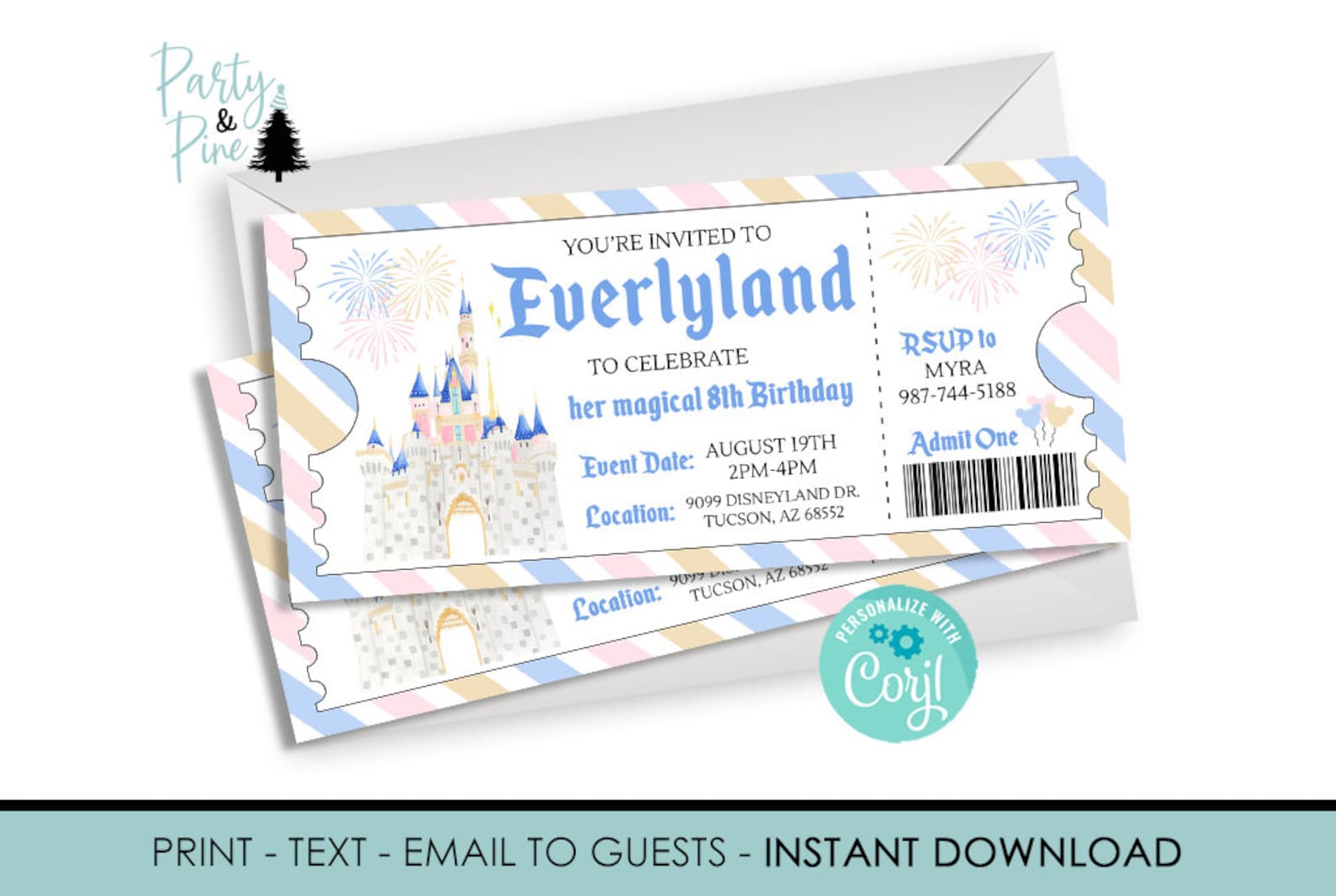 Editable Disneyland Birthday Ticket Invitation Invite Disneyworld Party ...