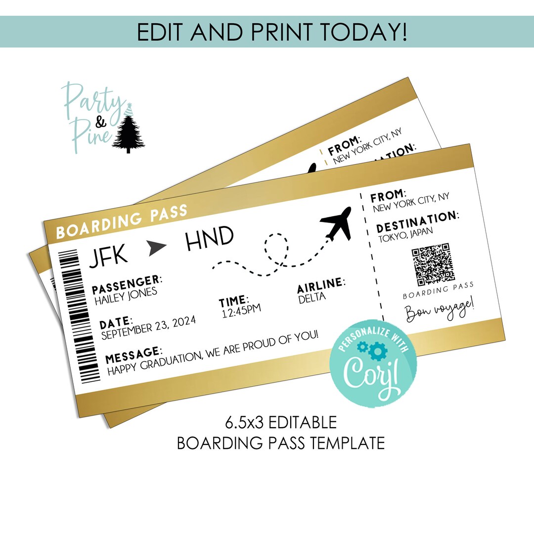 Editable Boarding Pass Template, Golden Plane Ticket Gift Surprise Trip ...