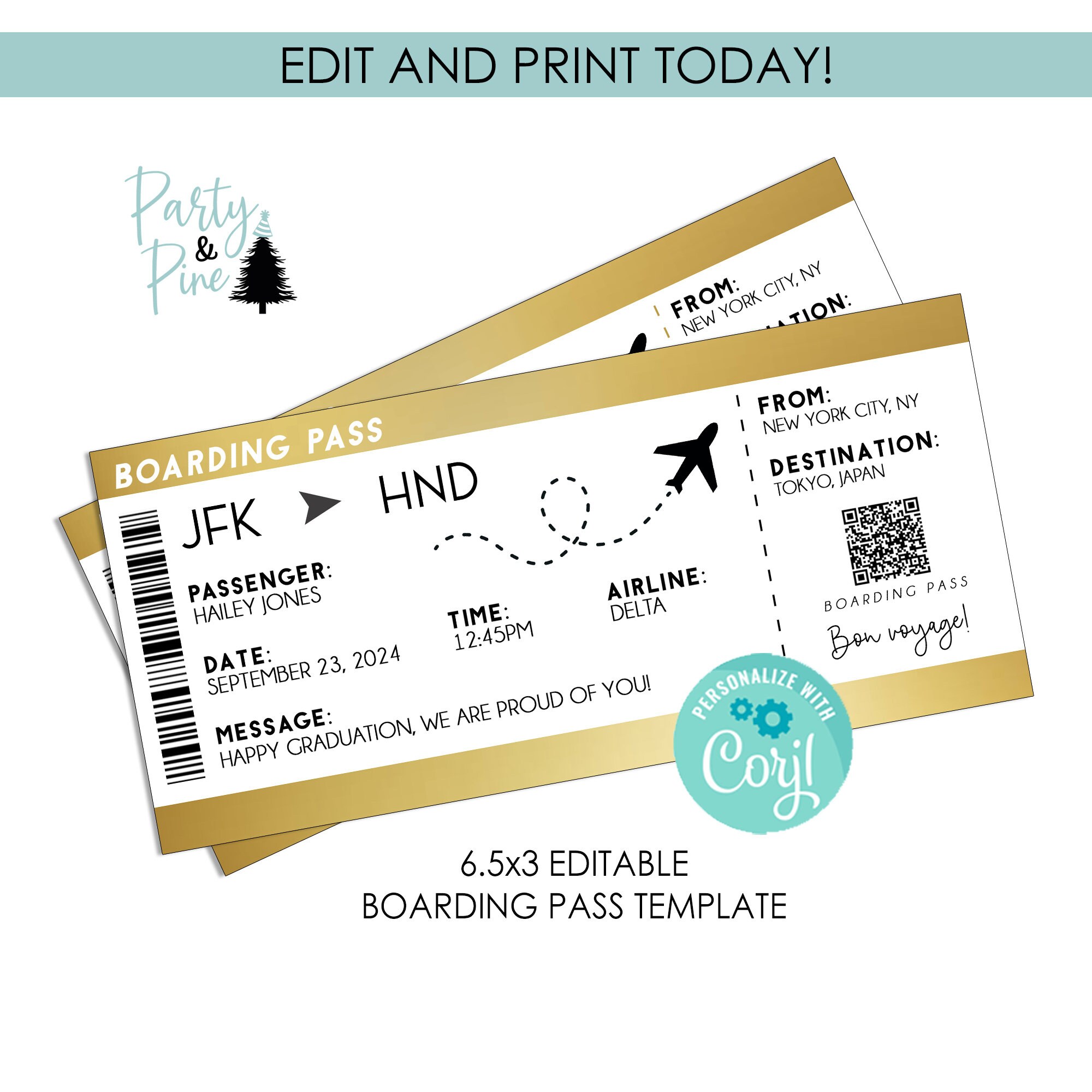 Editable Boarding Pass Template, Golden Plane Ticket Gift Surprise Trip ...