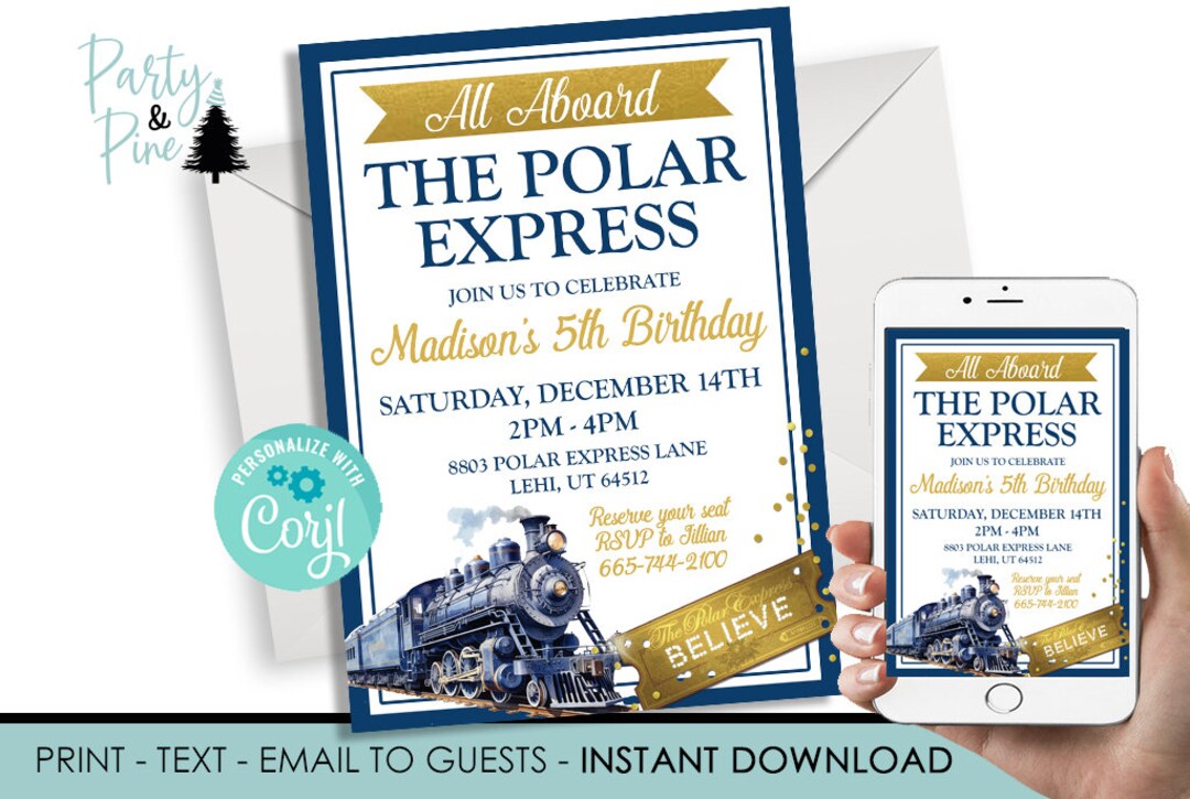 Editable Polar Train Invite Invitation Express Birthday Party Christmas ...