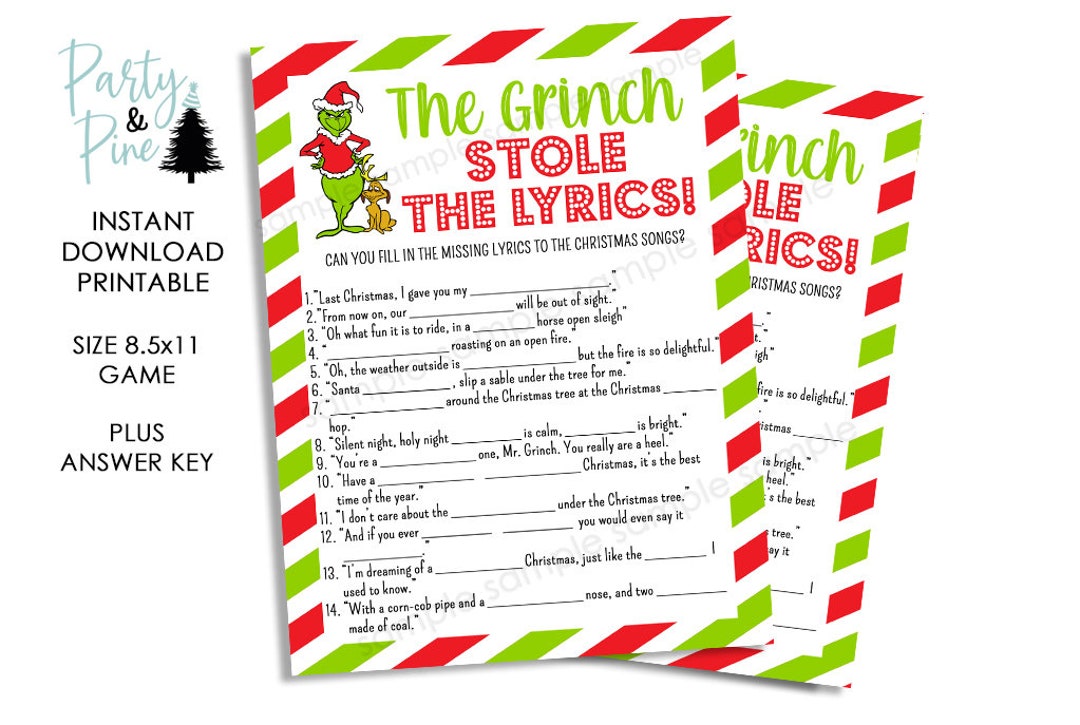 Printable Christmas Game Grinch Stole the Lyrics Music Games Holiday ...