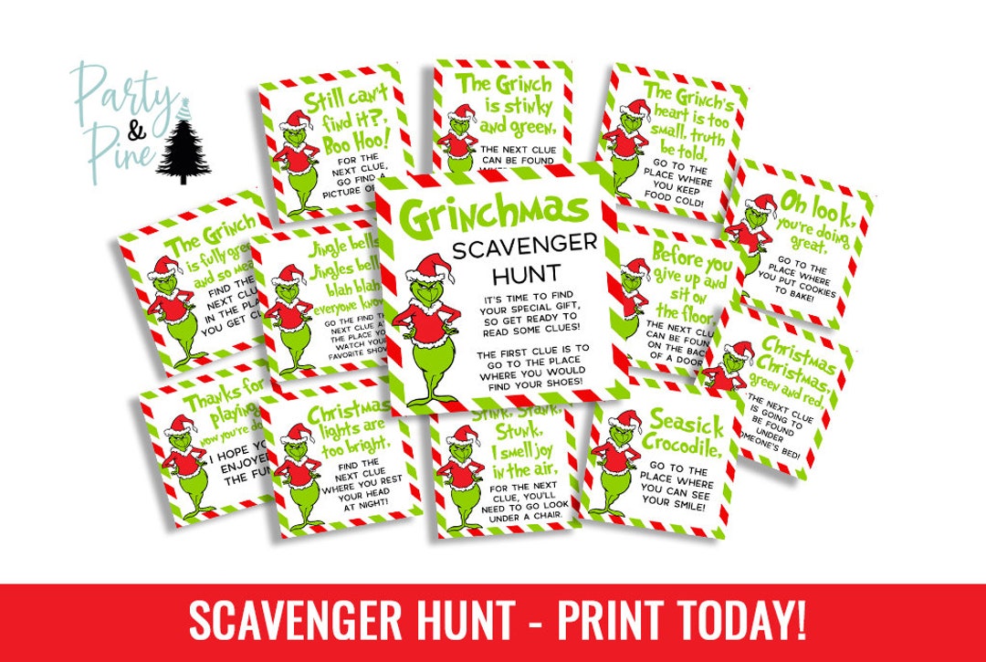 Grinch Scavenger Hunt Gift Printable Instant Download Kids 3x3 Idea ...