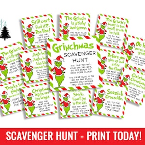 Grinch Scavenger Hunt Gift Printable Instant Download Kids 3x3 Idea ...
