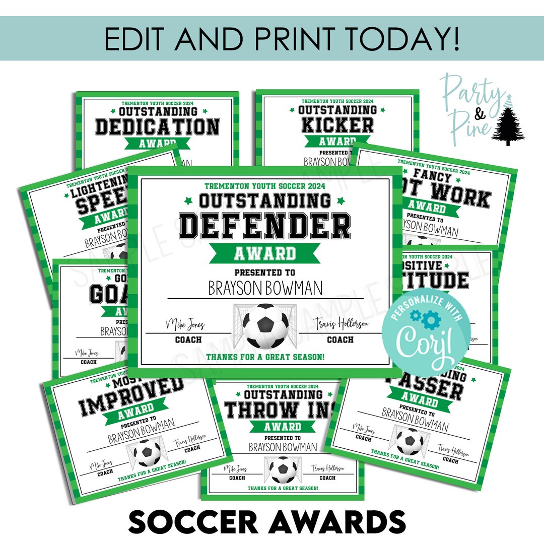 Soccer Awards Template End of Season Certificate Digital 11x8.5 ...