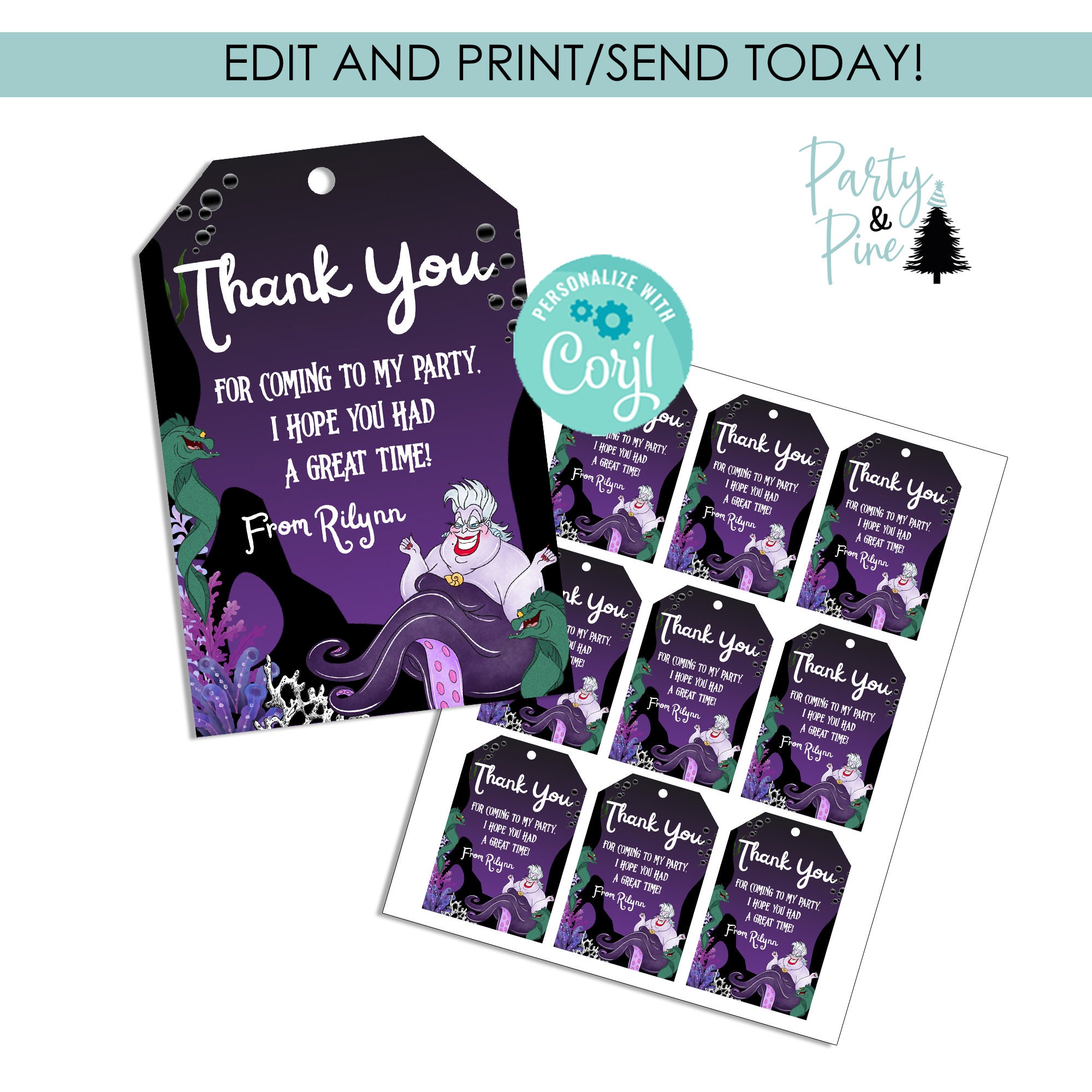 Ursula Birthday Favor Tags Digital Template Halloween Editable Sea ...