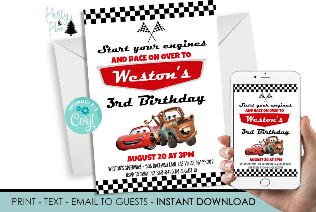 Editable Cars Birthday Invitation Invite Digital Template Party Kids ...