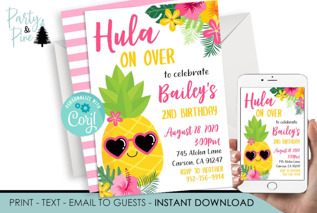 Editable Pineapple Birthday Invitation Digital Invite Hula Luau 5x7 ...
