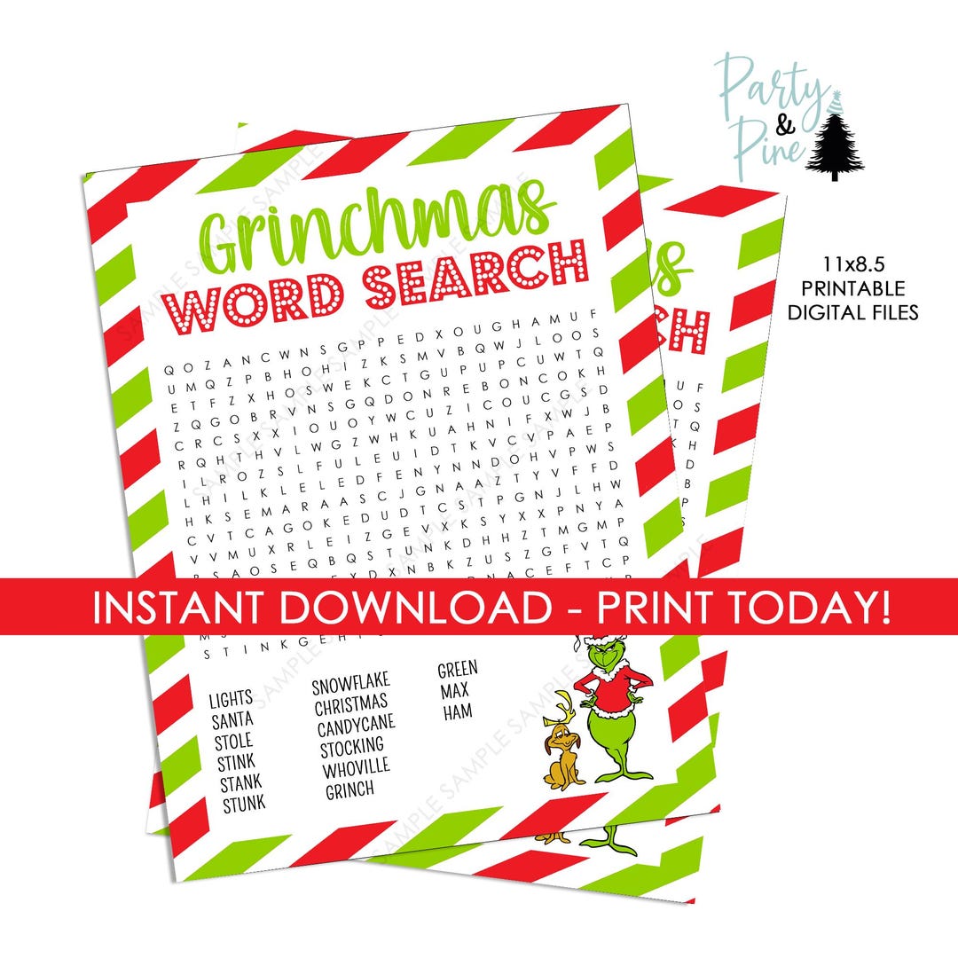 Grinch Word Search Instant Download Christmas Party Game 8.5x11 Digital ...