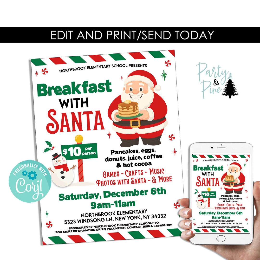 Editable Breakfast With Santa Flyer Digital 8.5x11 Template Instant ...