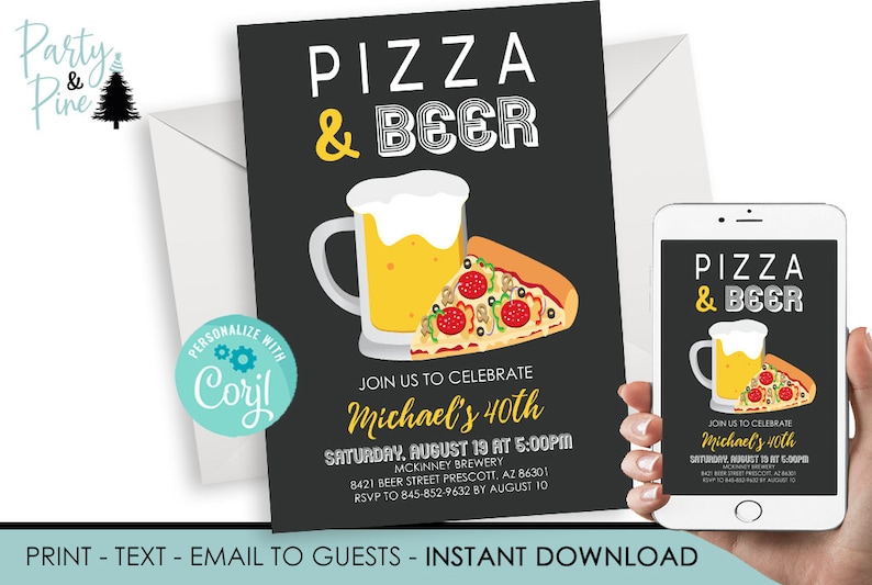 Editable Pizza Beer Birthday Invitation Invite Digital 5x7 Chalkboard ...