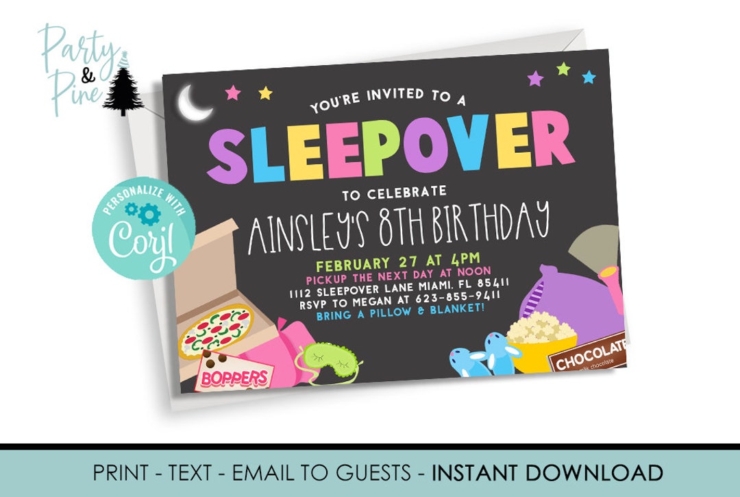 Editable Sleep Over Invite Invitation Girls Sleepover Birthday Party ...