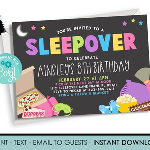 Editable Sleep Over Invite Invitation Girls Sleepover Birthday Party ...