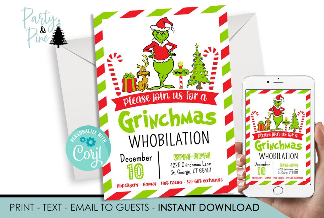 Editable Grinchmas Party Invitation Invite Holiday Christmas Event 5x7 ...