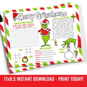 Grinch Activity Page Placemat 11x8.5 Printable Christmas Holiday ...