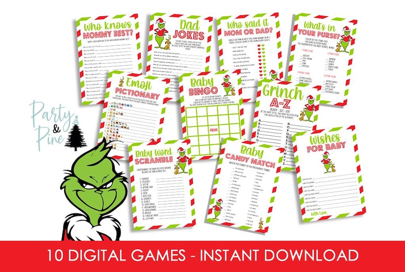 Grinch Baby Shower Games Bundle Set Printable Digital 5x7 INSTANT ...