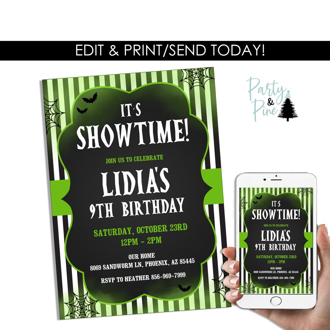 Editable Green Beetle Showtime Birthday Invitation Invite Digital 5x7 ...