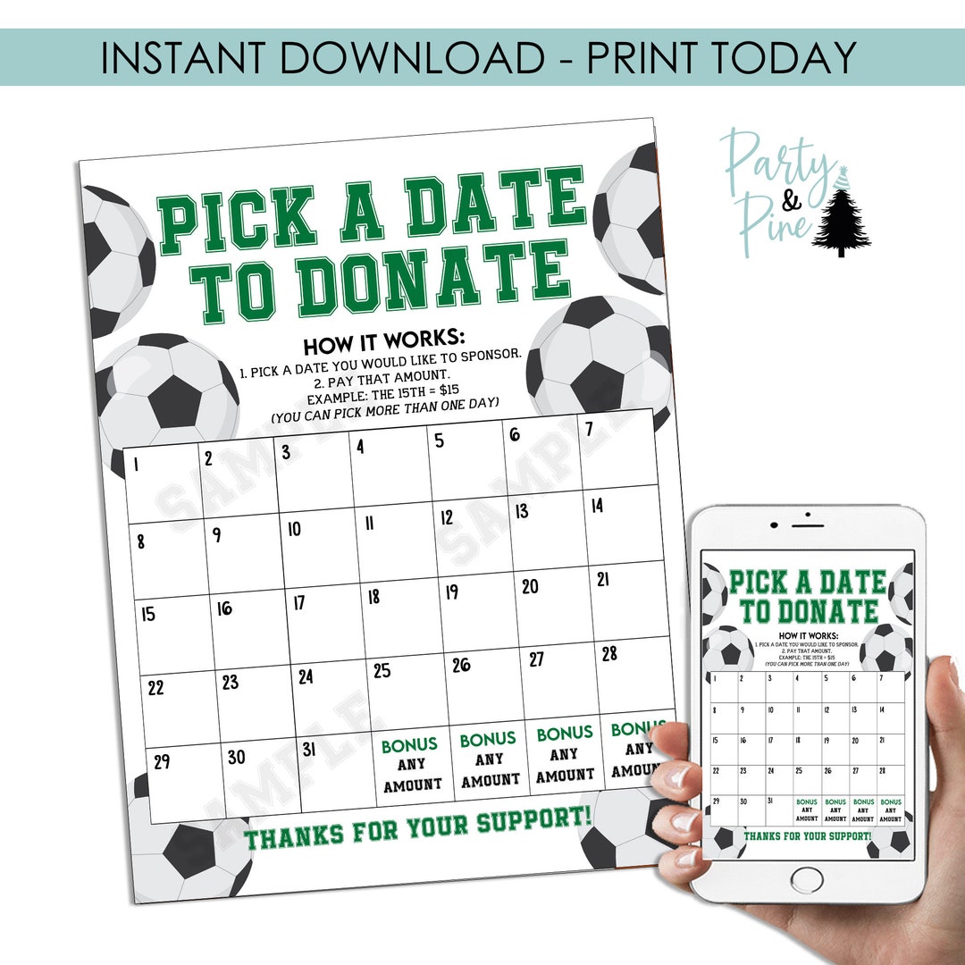 Soccer Pick a Date to Donate Fundraiser Calendar Printable Sports Team ...