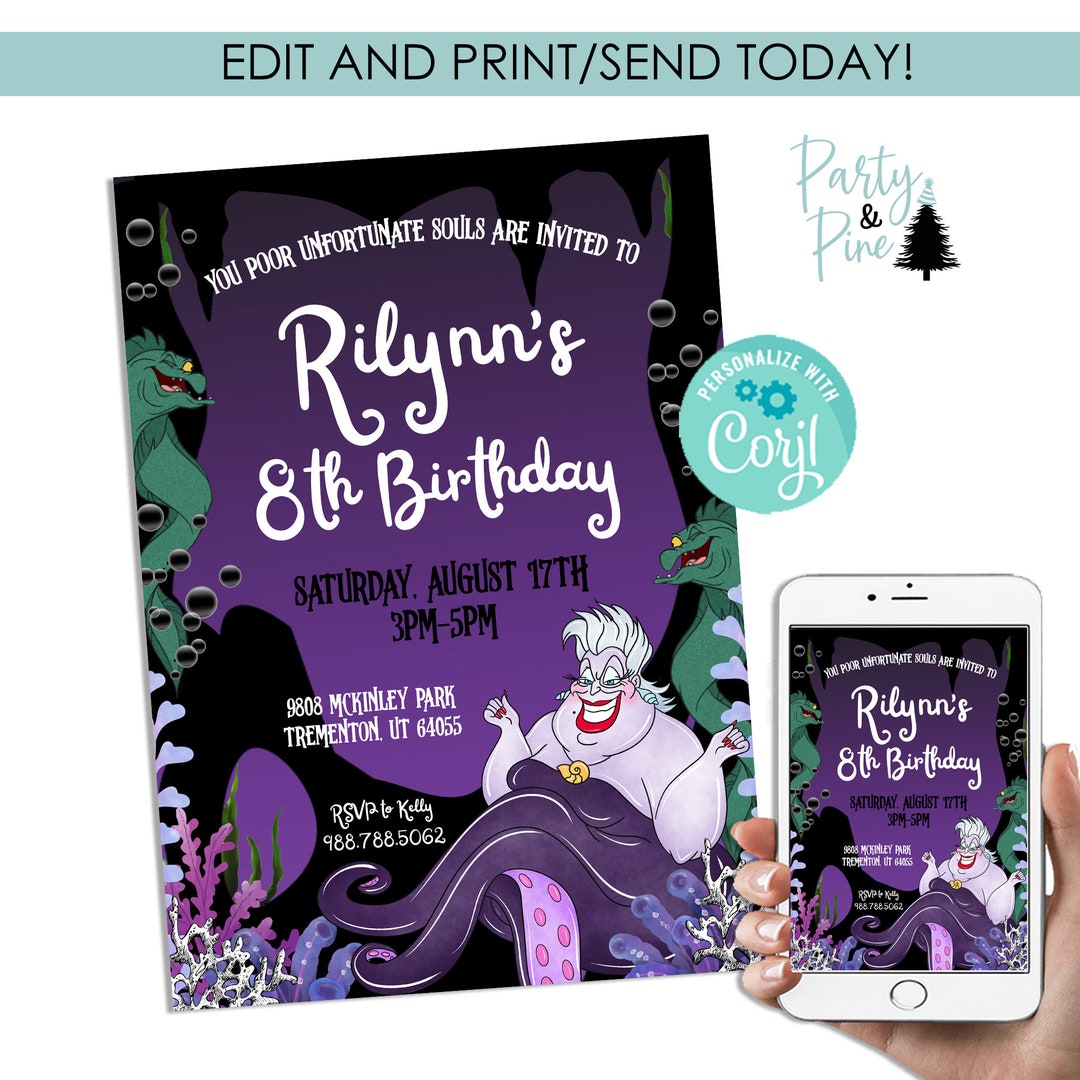 Editable Ursula Birthday Invitation Invite Template Digital 5x7 Purple Sea Witch Villain Instant ...
