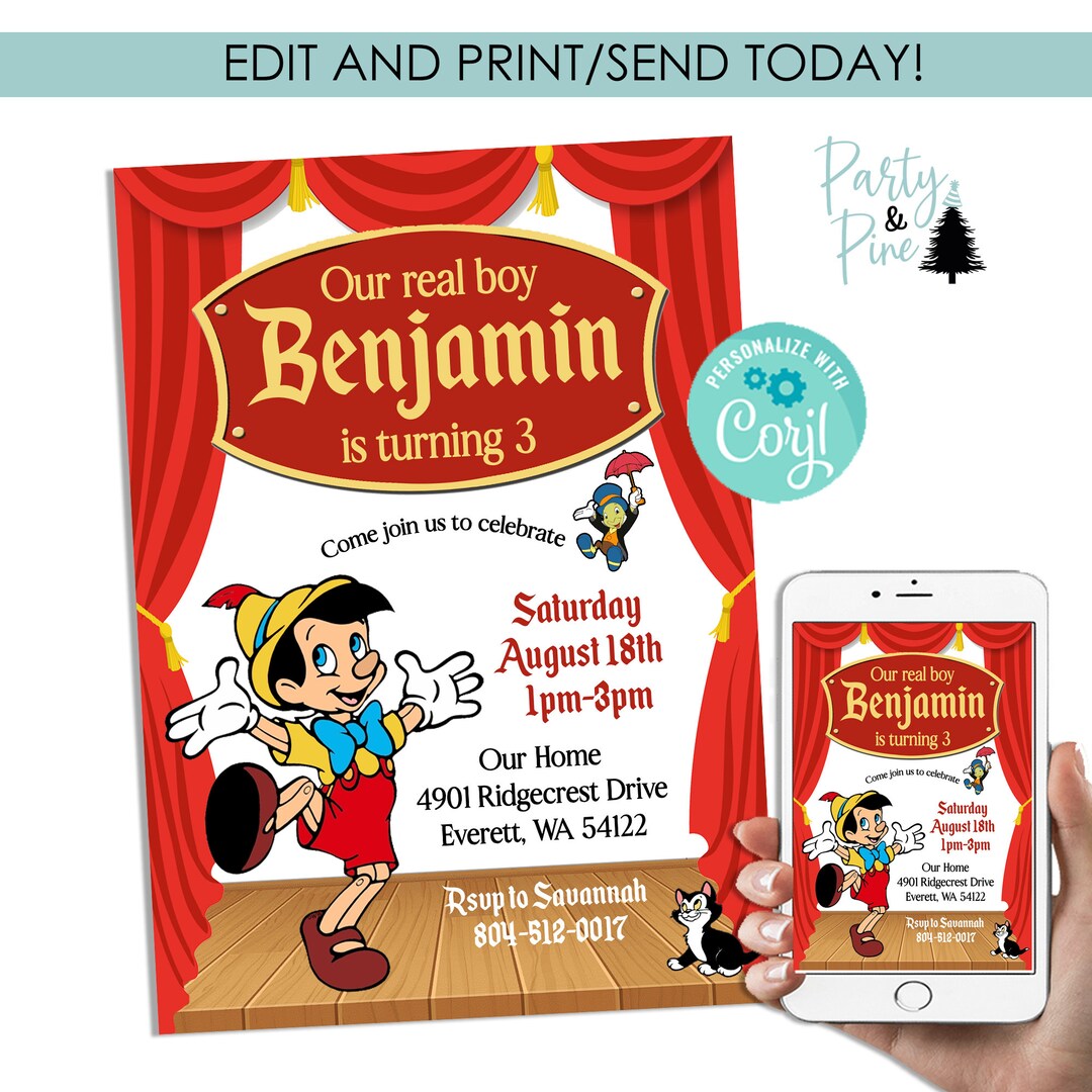 Editable Pinocchio Invitation Birthday Invite Digital 5x7 Template ...