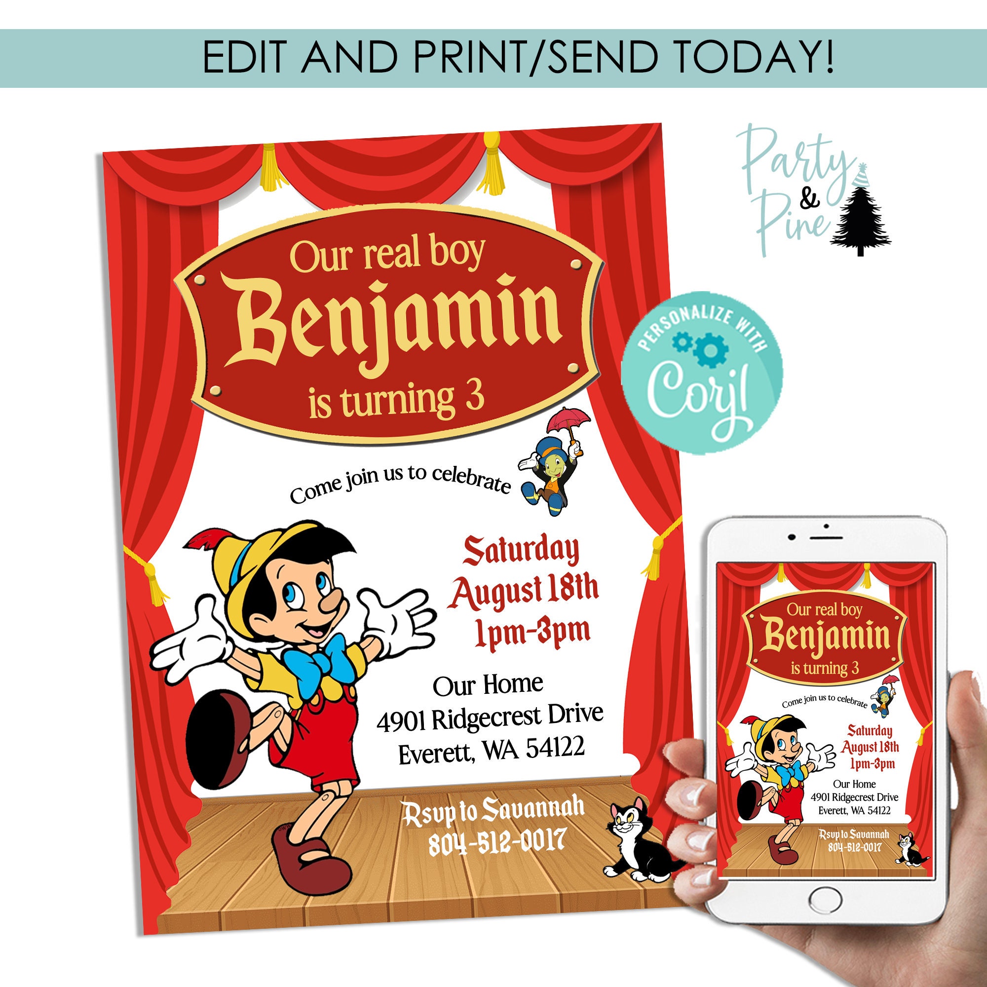 Editable Pinocchio Invitation Birthday Invite Digital 5x7 Template ...