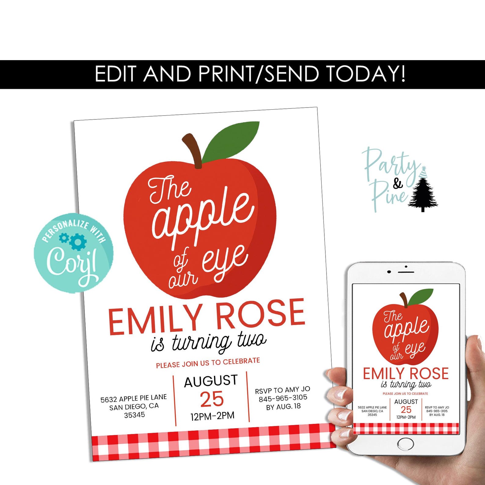 Editable Apple Birthday Invitation Invite Digital 5x7 Template Instant ...