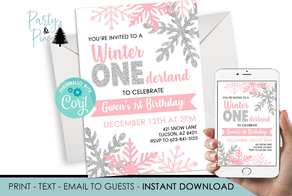Editable Winter Onderland Invitation Invite Silver Pink - Etsy