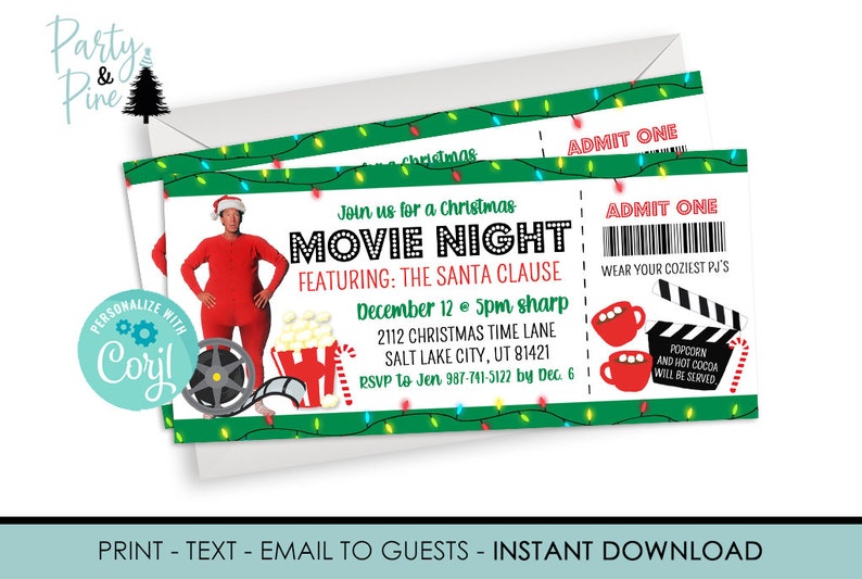 Editable Christmas Movie Night Ticket Template Invite Digital 6.5x3 ...