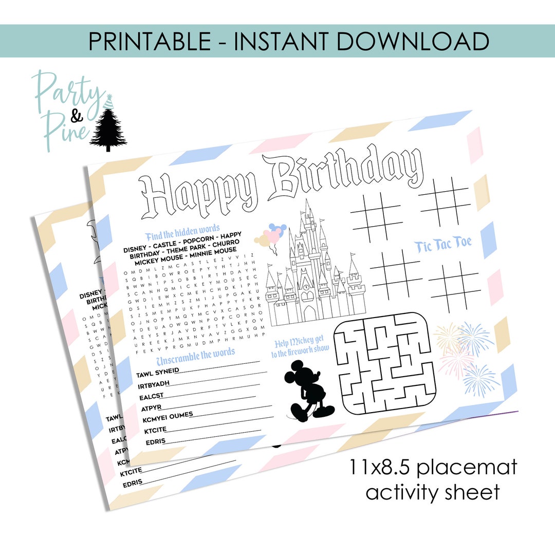 Disneyland Placemat Activity Sheet 11x8.5 Coloring Page Birthday Extras ...