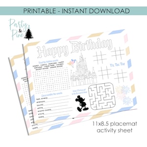 Disneyland Placemat Activity Sheet 11x8.5 Coloring Page Birthday Extras ...