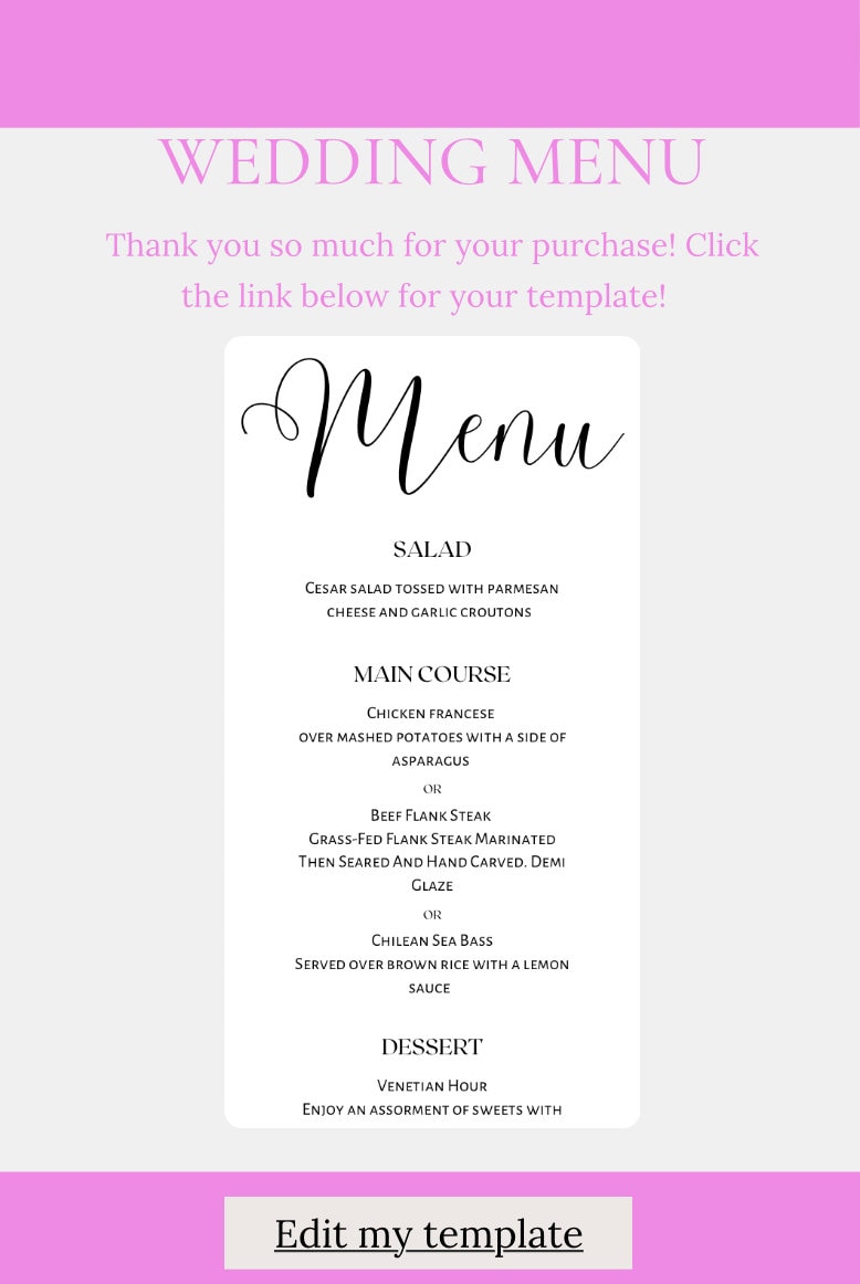 Wedding Day Menu Simplistic Template Instant Download - Etsy