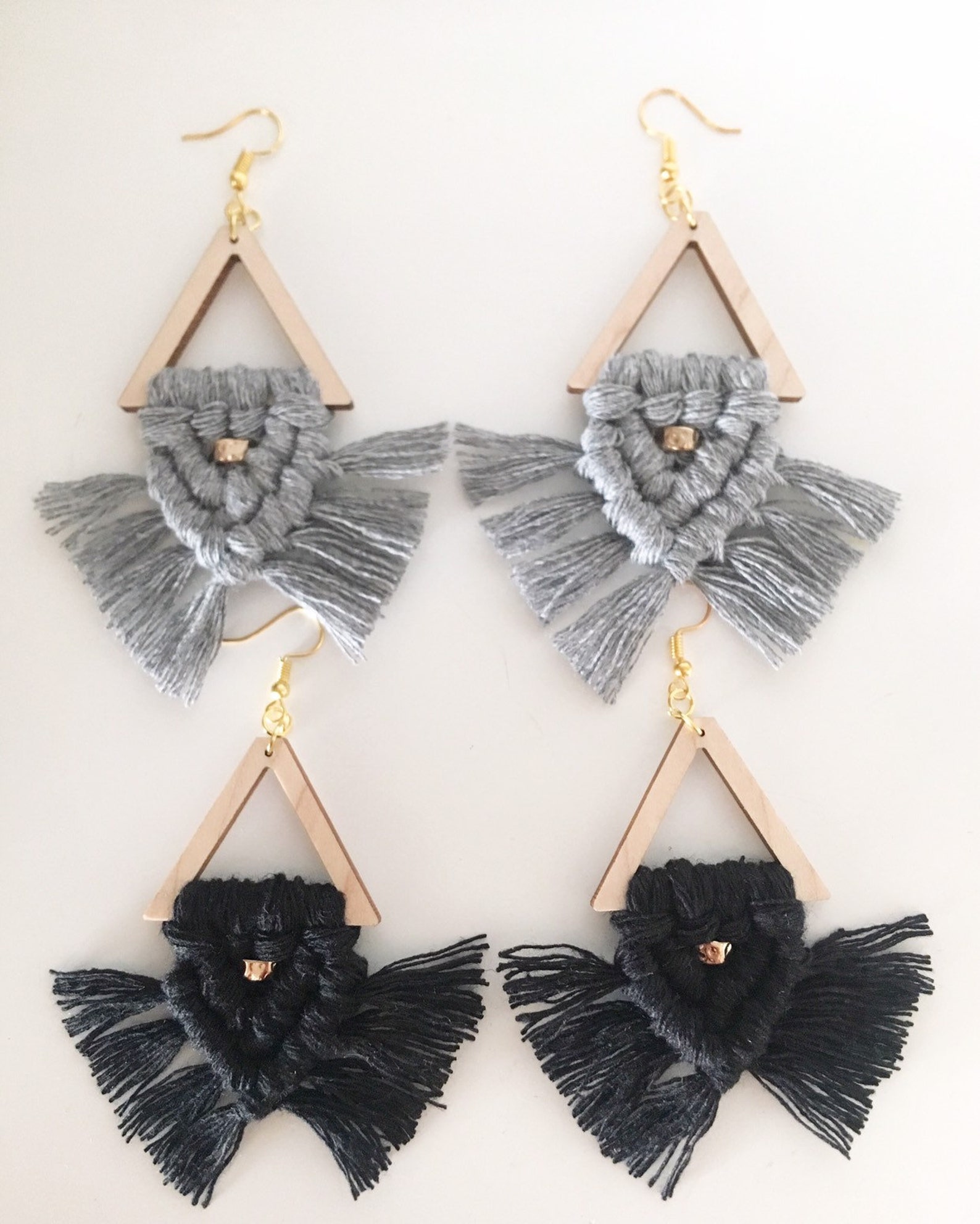 Wood Triangle Macrame Earrings - Etsy