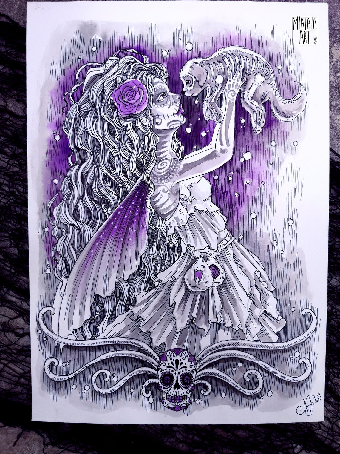 Tooth Fairy Skeleton Muerte Puppy Original Ink and - Etsy