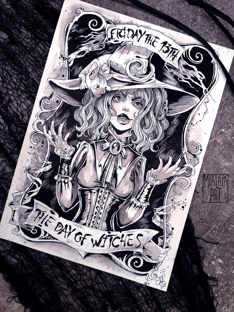 Friday the 13th Witch Decor - Original Ink Painting - Etsy
