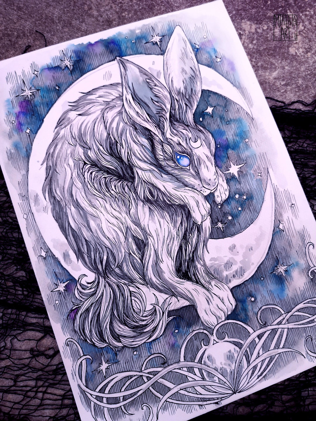 Chinese Zodiac Rabbit - Starry Night Moon Bunny - Original Ink ...