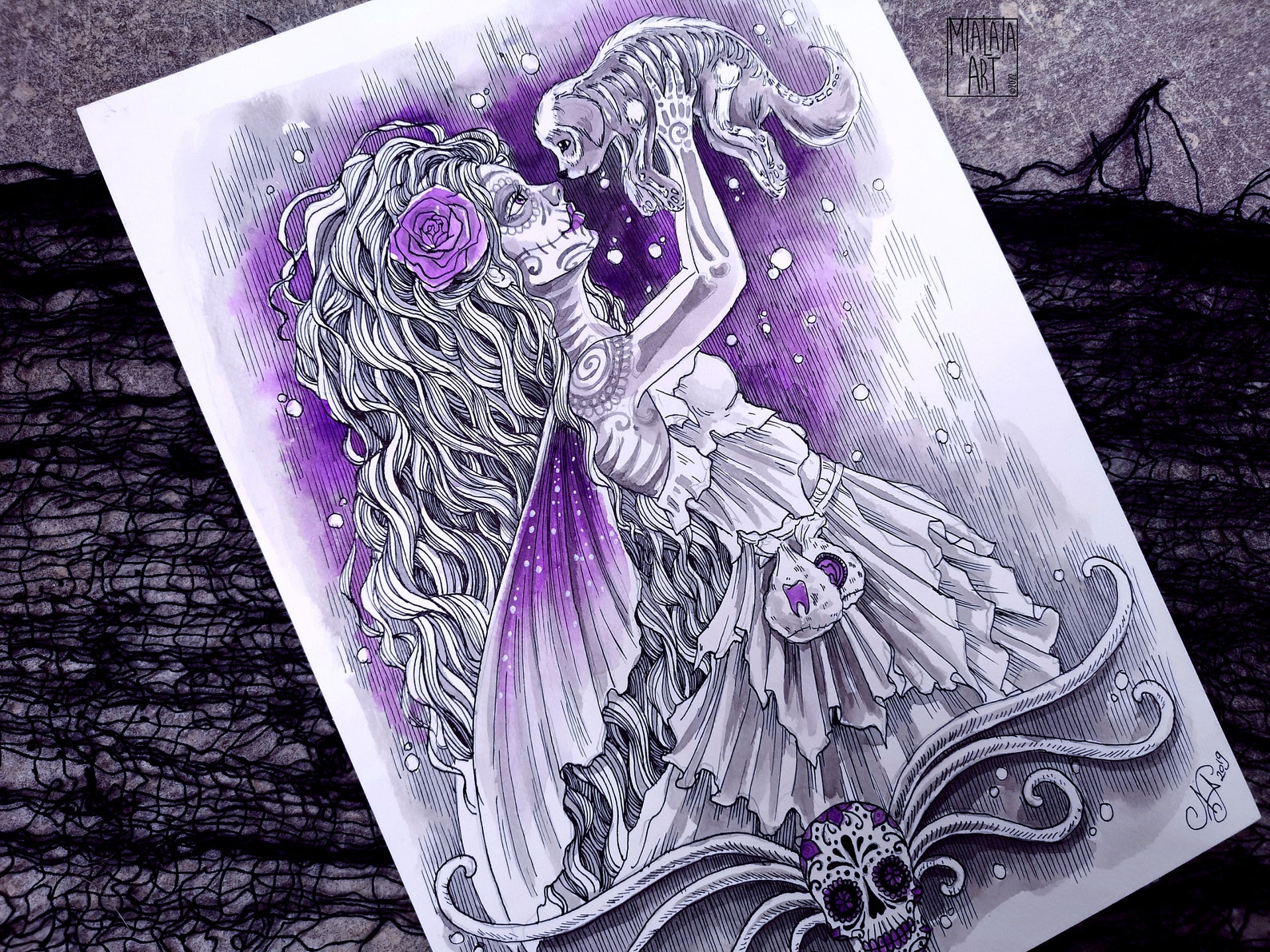 Tooth Fairy Skeleton Muerte Puppy - Original Ink and Watercolor ...