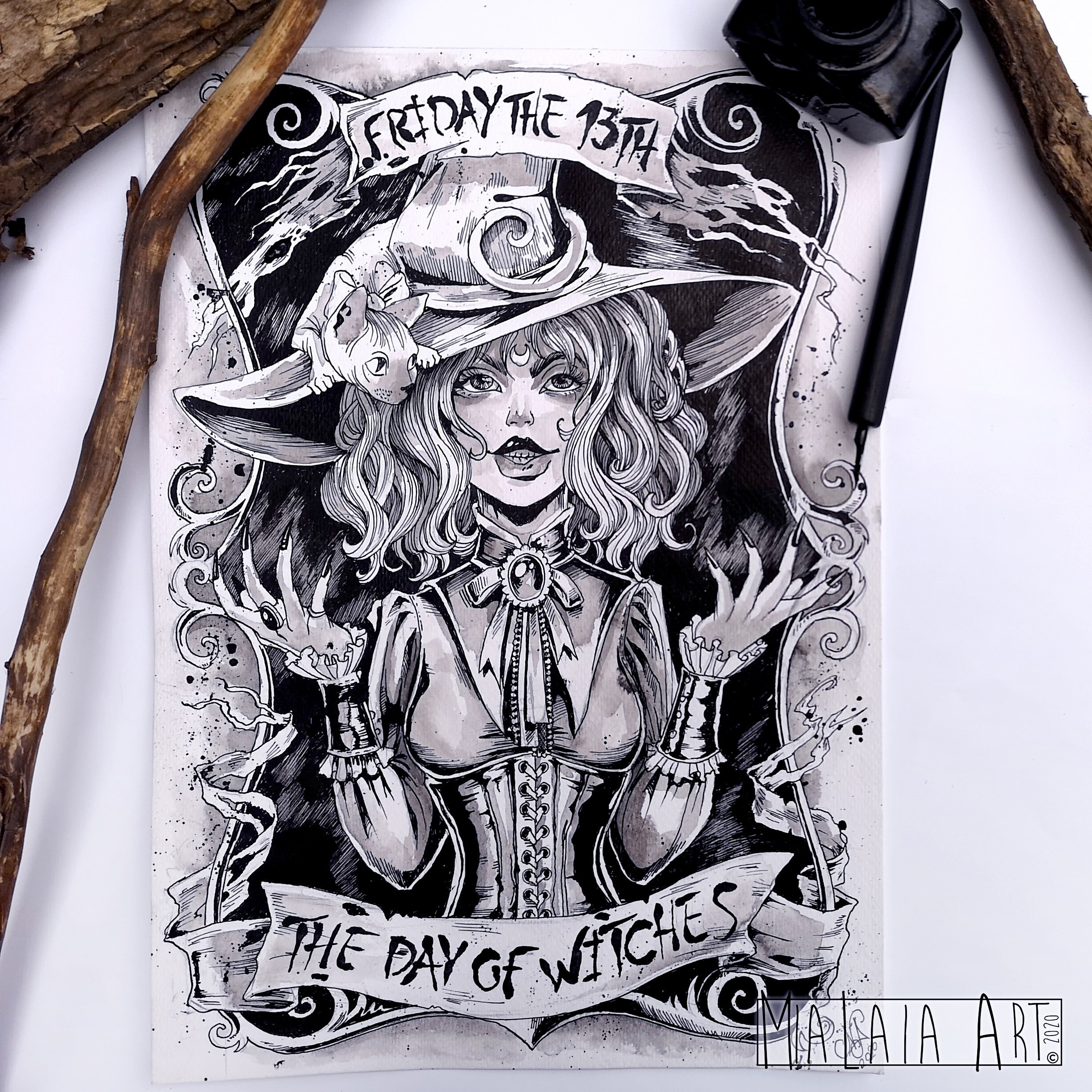 Friday the 13th Witch Decor Original Ink Painting - Etsy