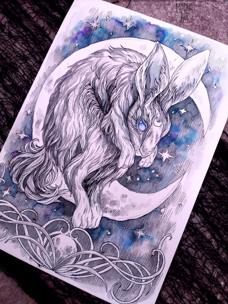 Chinese Zodiac Rabbit - Starry Night Moon Bunny - Original Ink ...