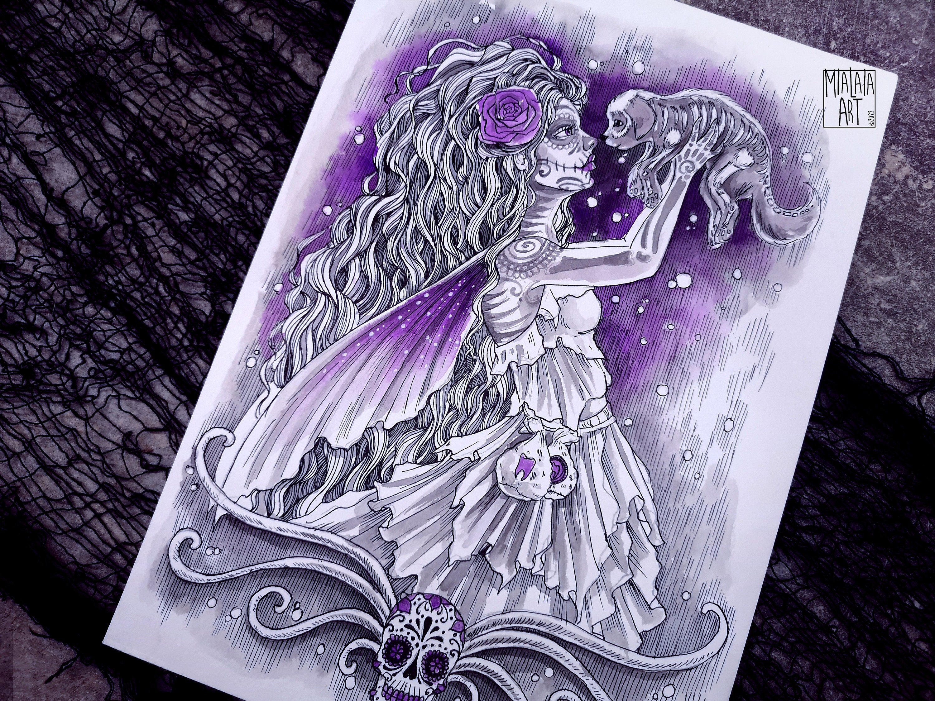 Tooth Fairy Skeleton Muerte Puppy - Original Ink and Watercolor ...