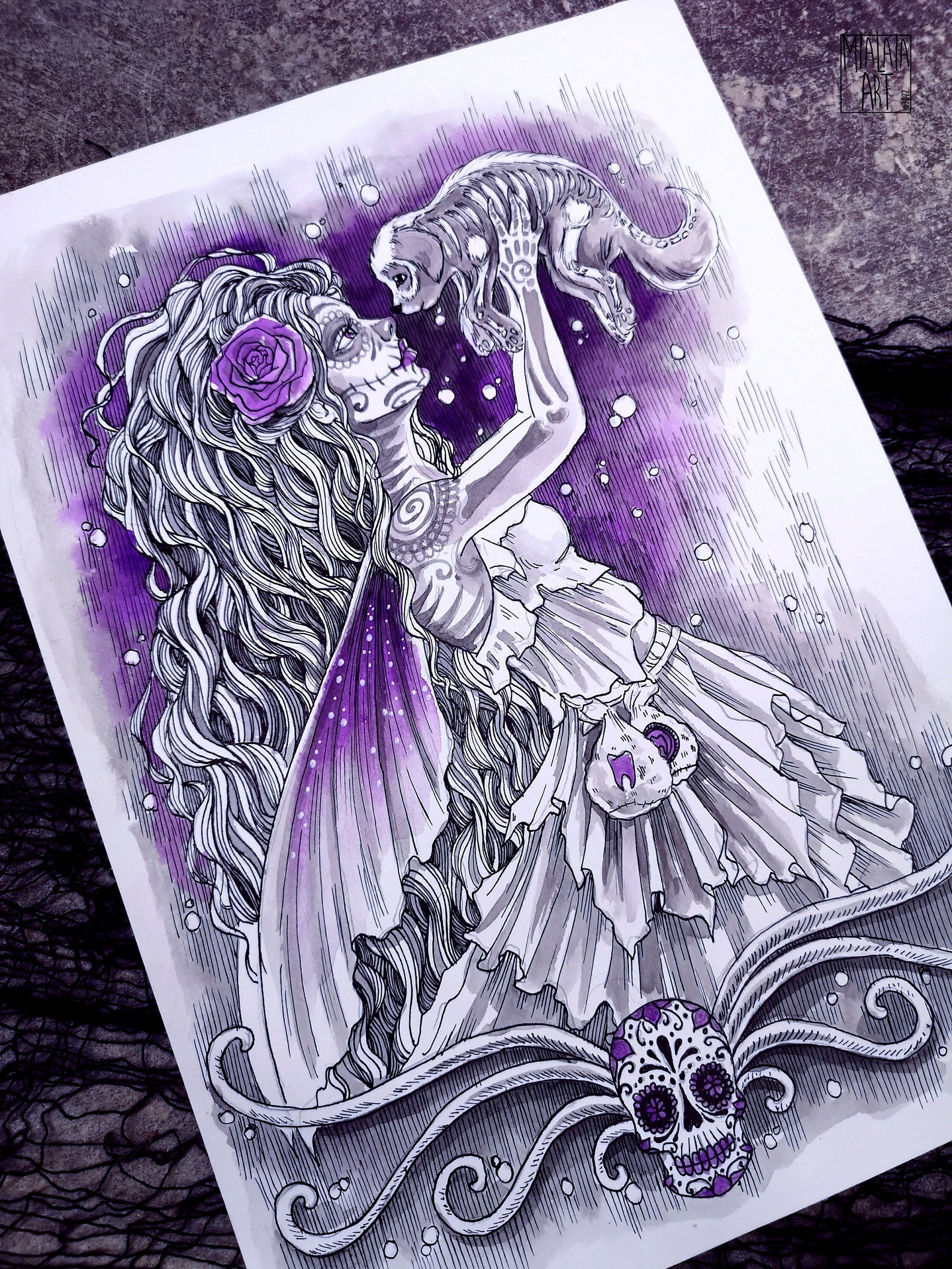 Tooth Fairy Skeleton Muerte Puppy - Original Ink and Watercolor ...