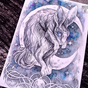 Chinese Zodiac Rabbit - Starry Night Moon Bunny - Original Ink ...