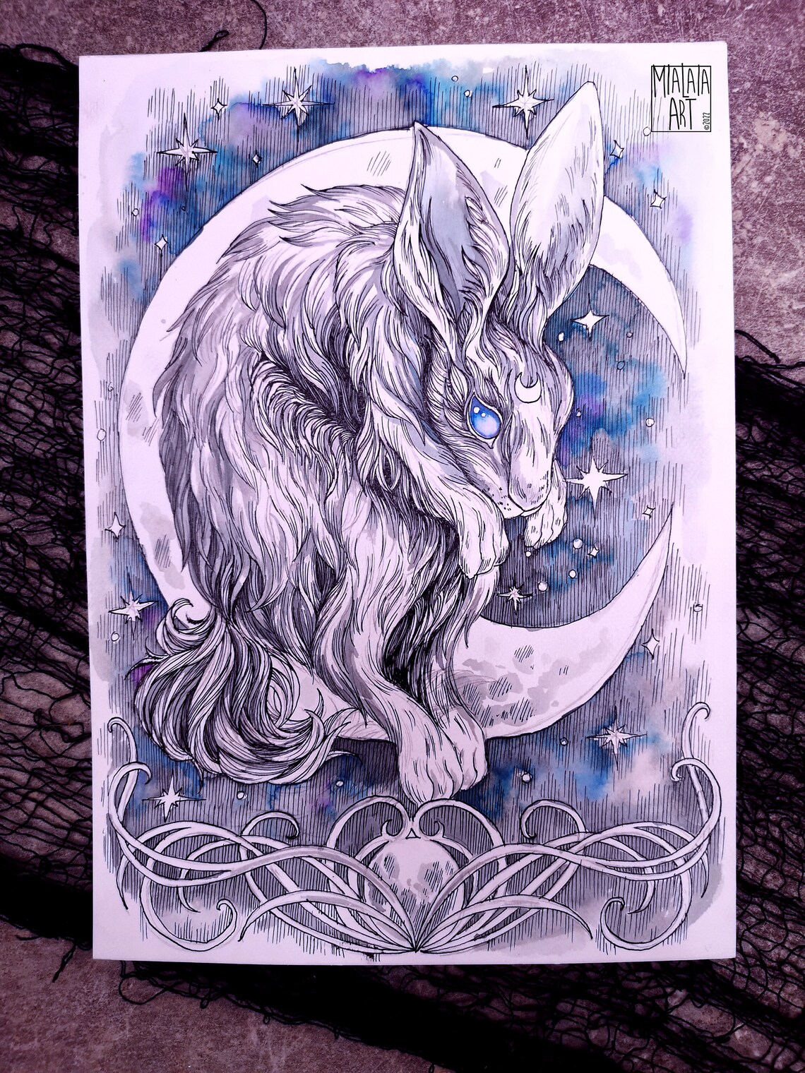 Chinese Zodiac Rabbit Starry Night Moon Bunny Original Ink - Etsy