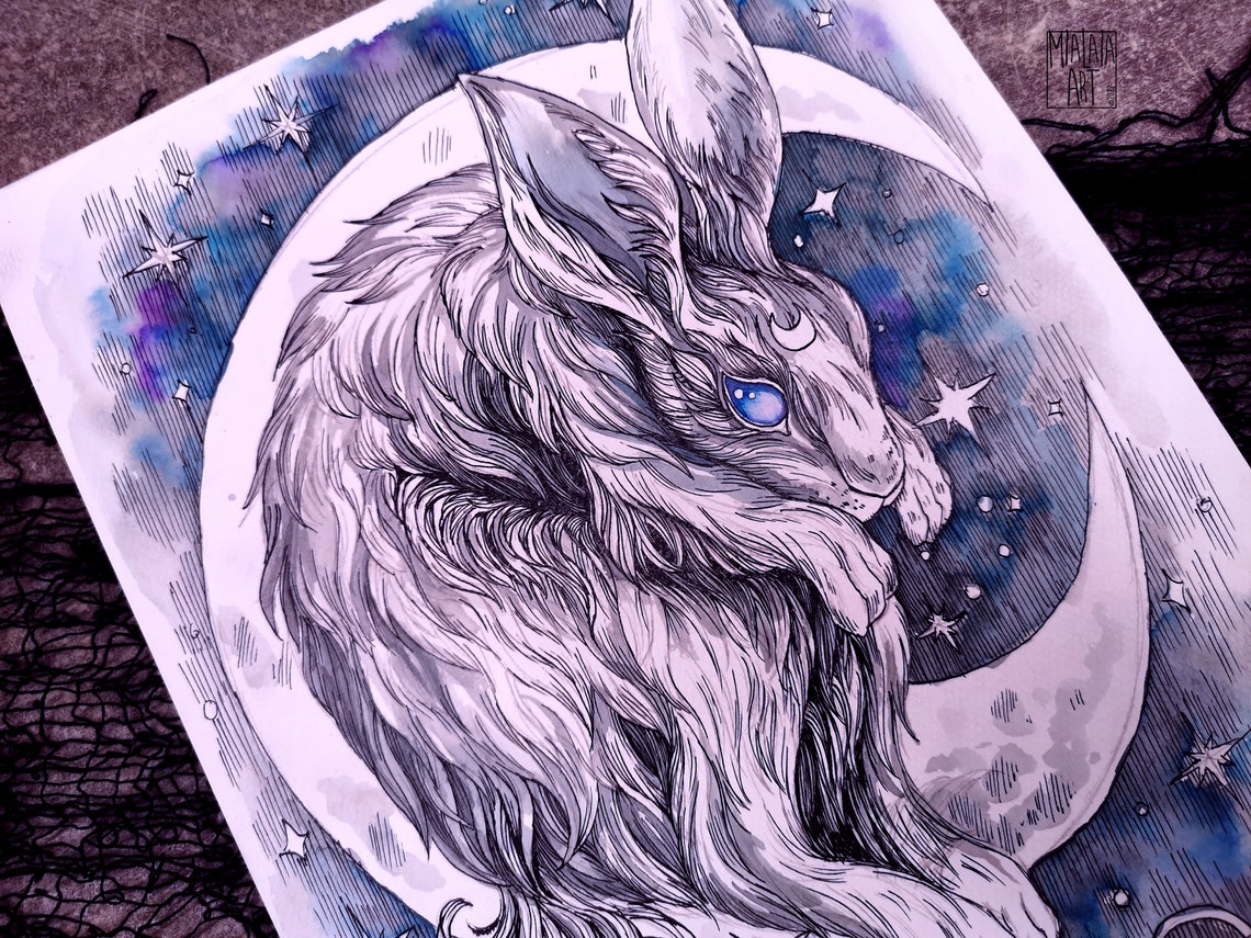 Chinese Zodiac Rabbit Starry Night Moon Bunny Original Ink - Etsy