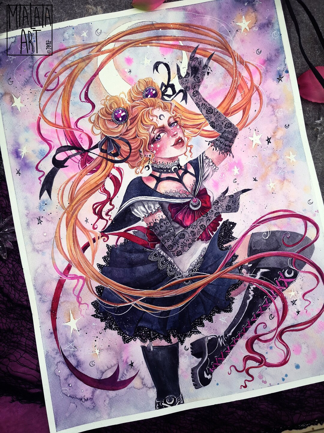Sailor Moon Anime Goth Fanart Watercolor Original Painting - Etsy