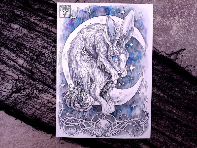 Chinese Zodiac Rabbit Starry Night Moon Bunny Original Ink - Etsy
