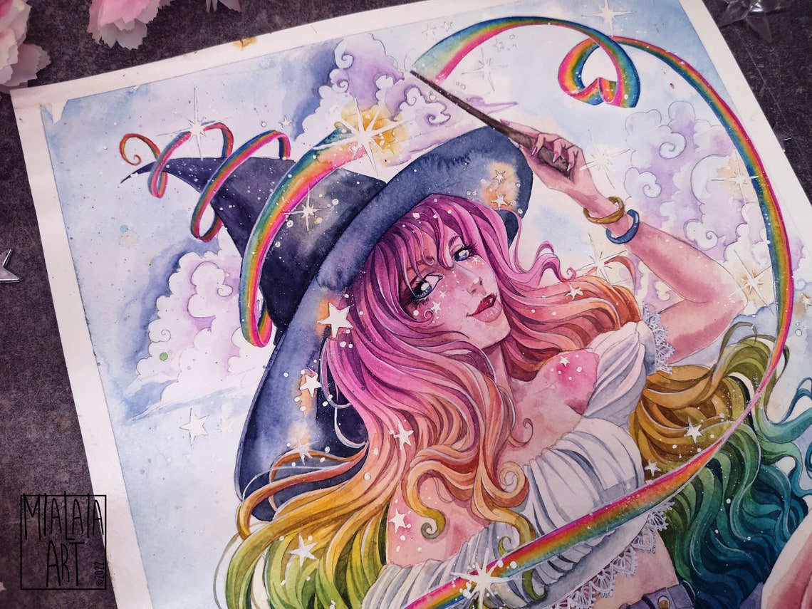 Pride Rainbow Witch Magic | Original Watercolor Painting | - Etsy